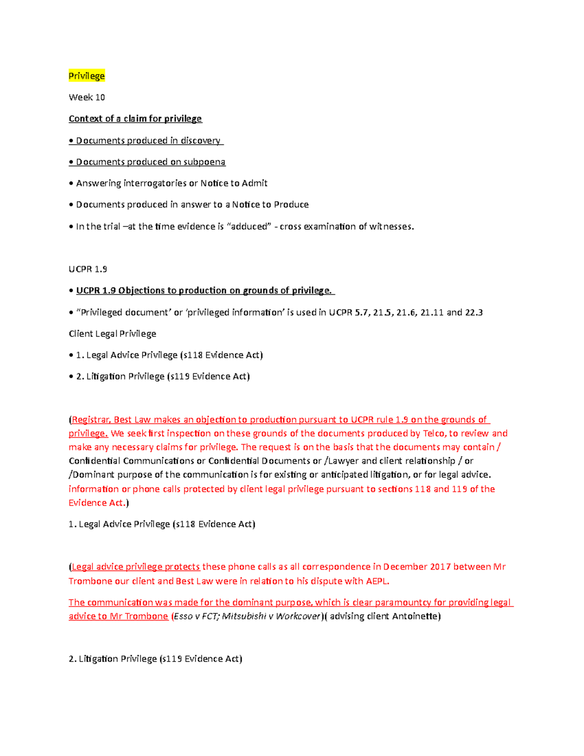 Privilege - exam prep - Privilege Week 10 Context of a claim for ...