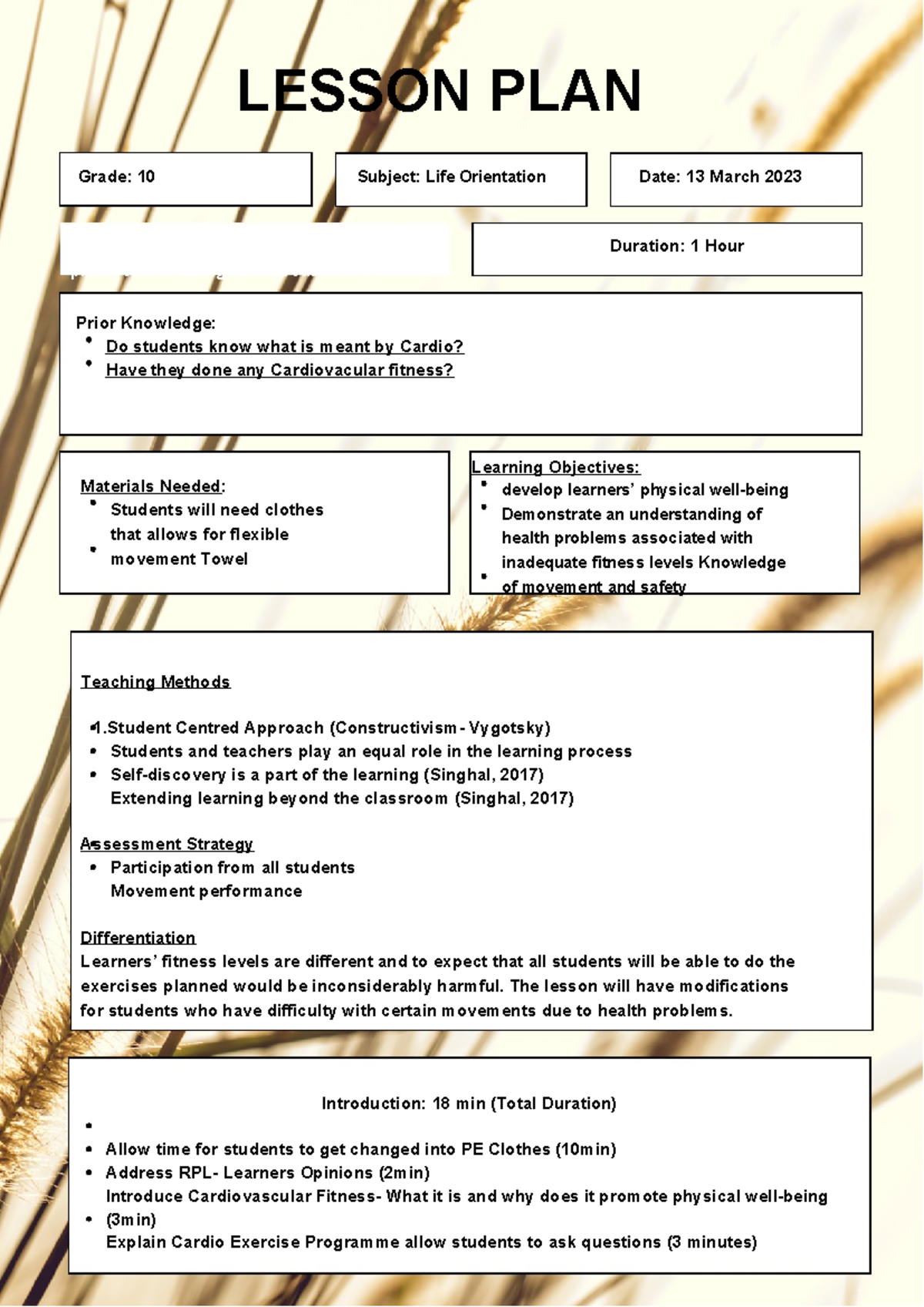 L.O Lesson Plan 1 - LESSON PLAN Grade: 10 Subject: Life Orientation Topic: Physical fitness ...