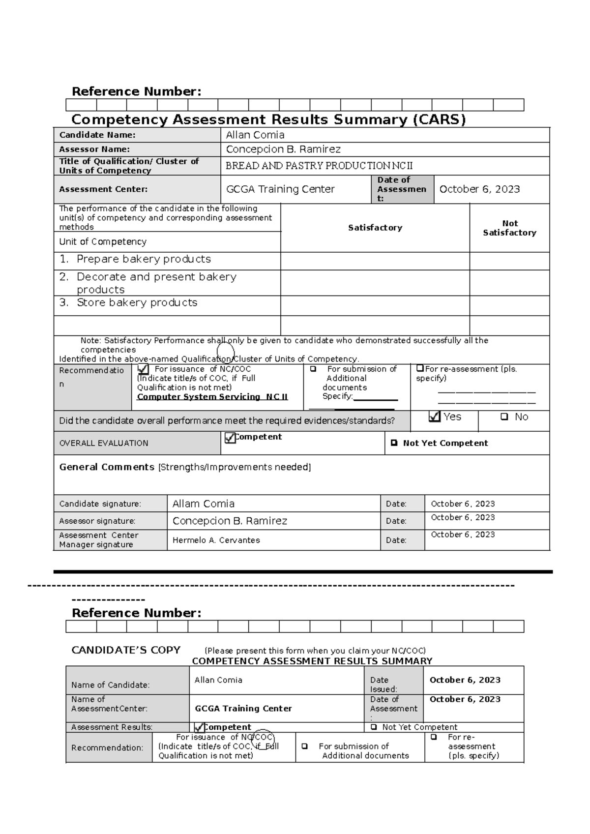 8 - competencies result - Reference Number: Competency Assessment Results Summary (CARS ...