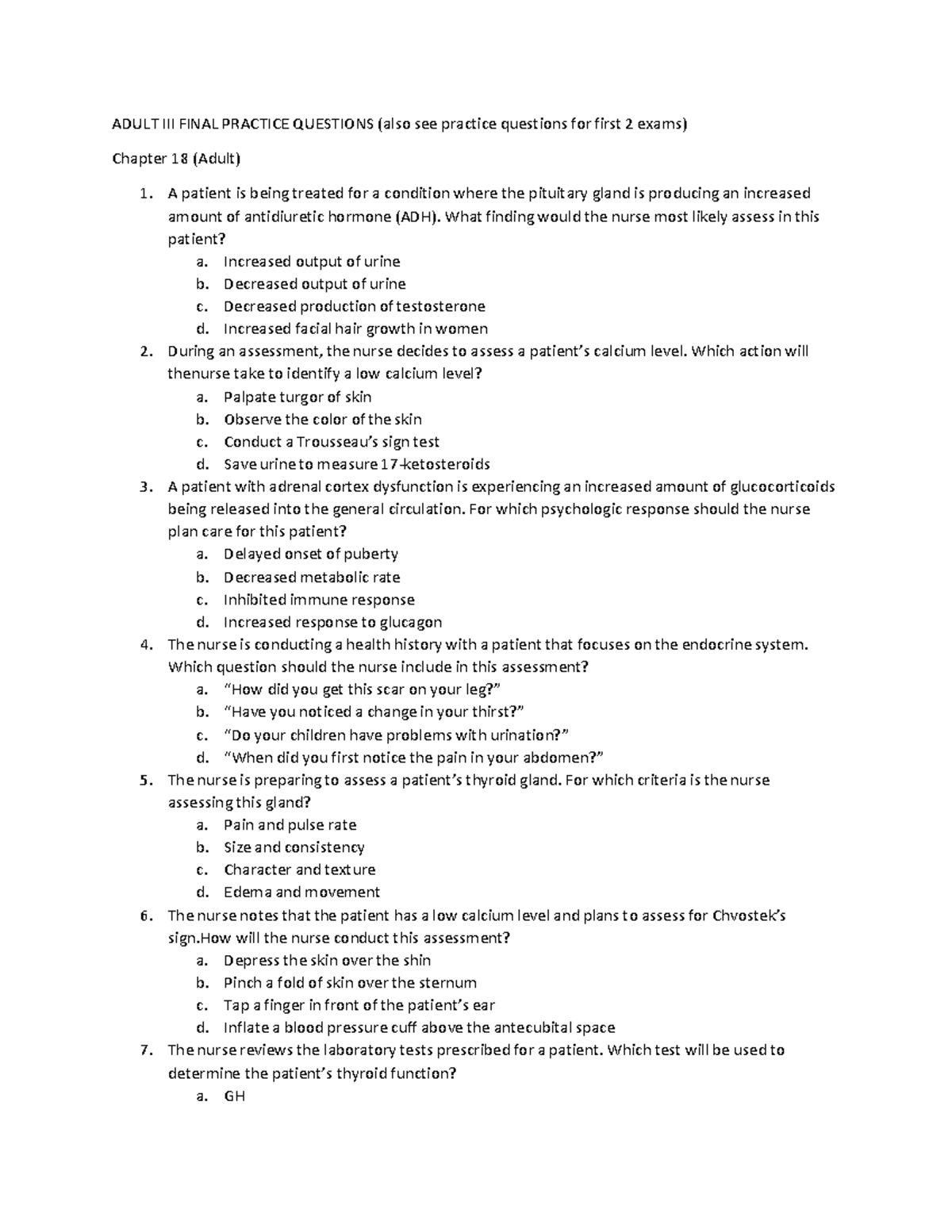 Adult III Final Practice Questions - ADULT III FINAL PRACTICE QUESTIONS ...