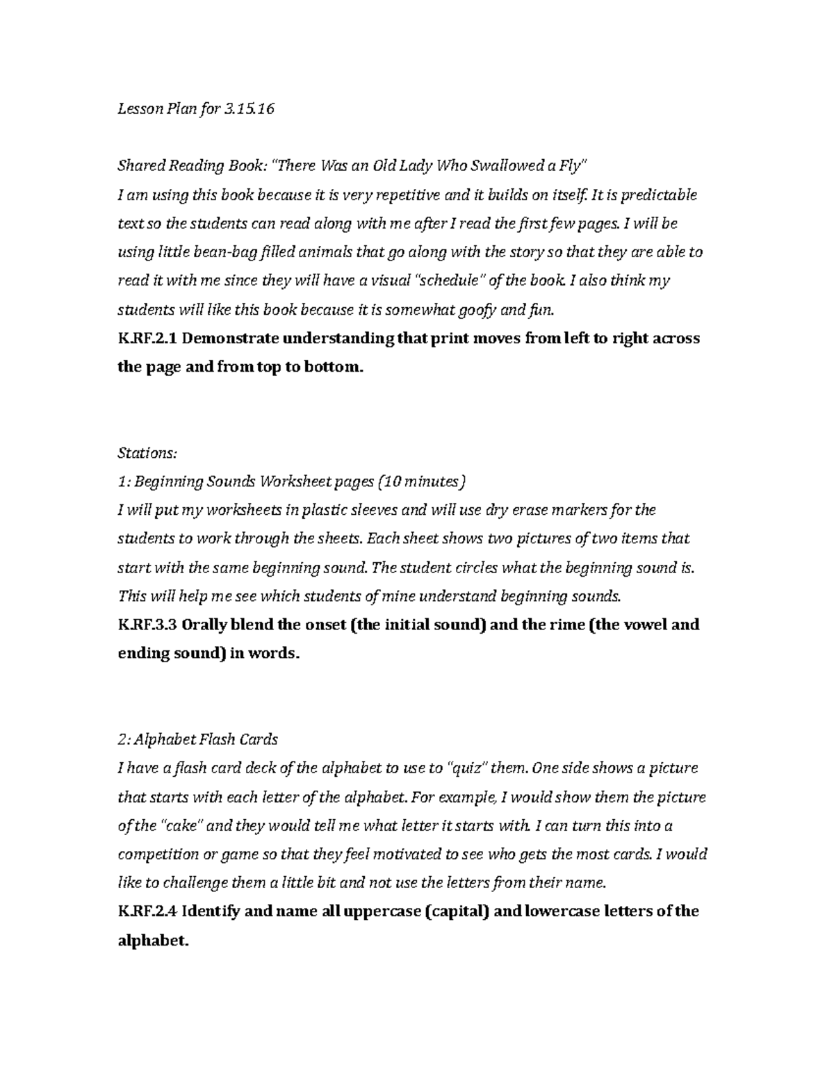 First Lesson Plan - Lesson Plan for 3.15 Shared Reading Book: “There ...