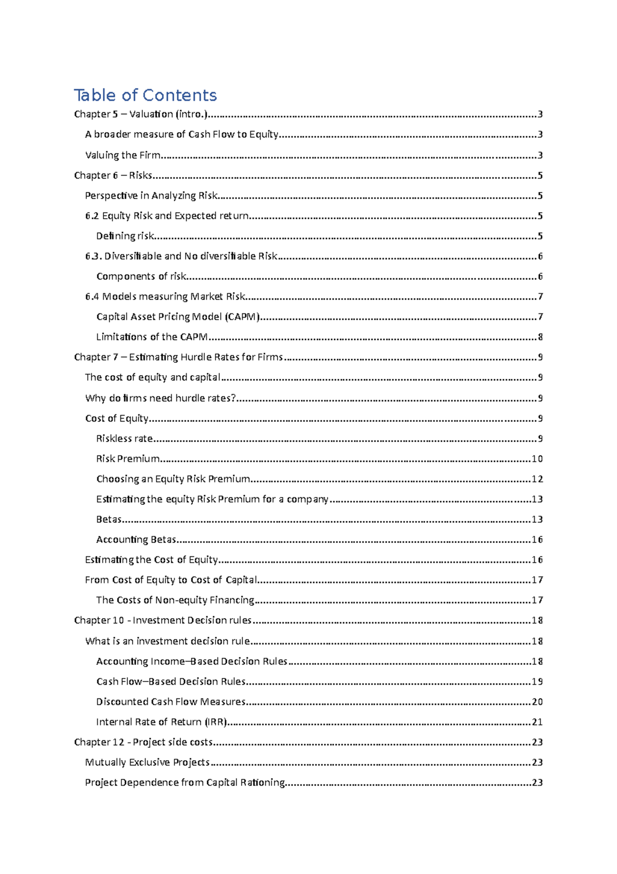 Co F - Sammanfattning Corporate Finance - Table of Contents Chapter 5 ...