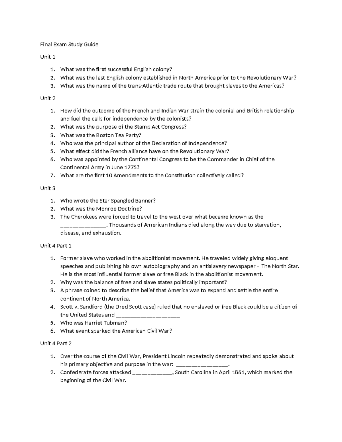Final Exam Study Guide - Final Exam Study Guide Unit 1 1. What was the ...