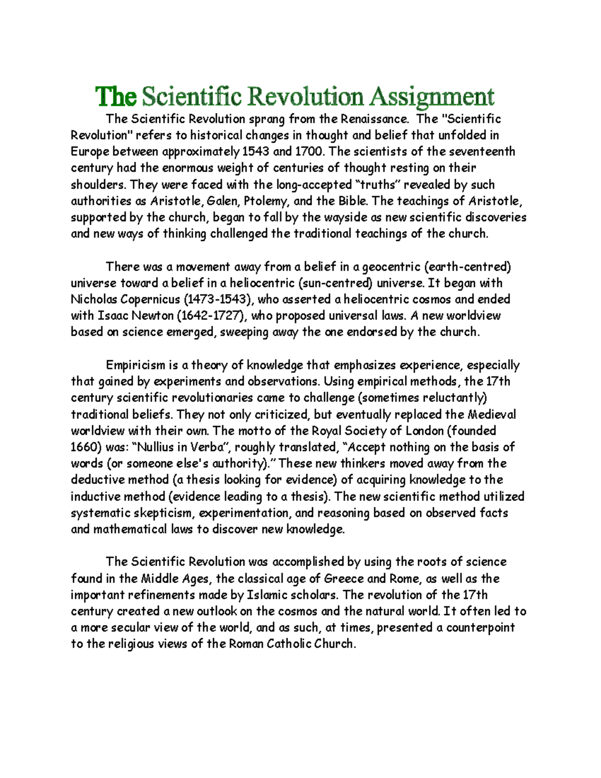 Research assignment - The Scientific Revolution sprang from the ...