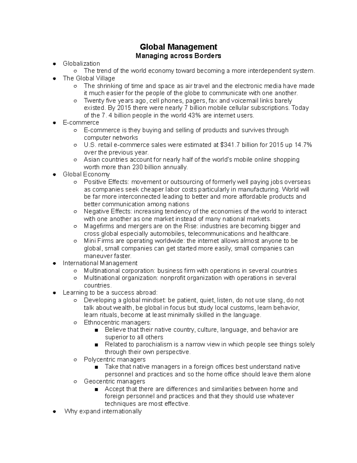 Global Management Notes - Global Management Managing across Borders ...