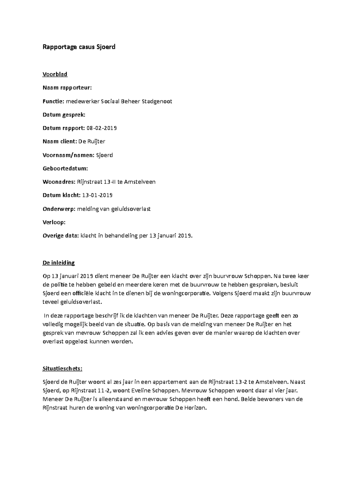Rapportage casus Sjoerd - Rapportage casus Sjoerd Voorblad Naam ...