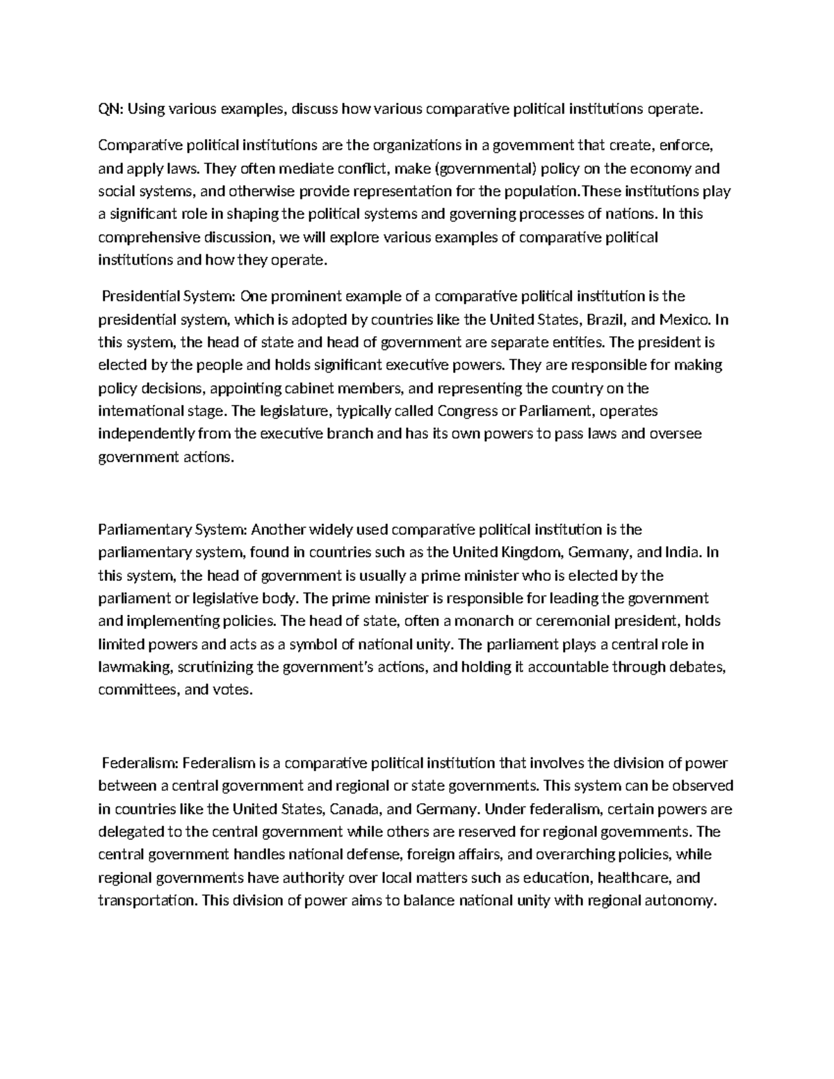Comparative political system - QN: Using various examples, discuss how ...
