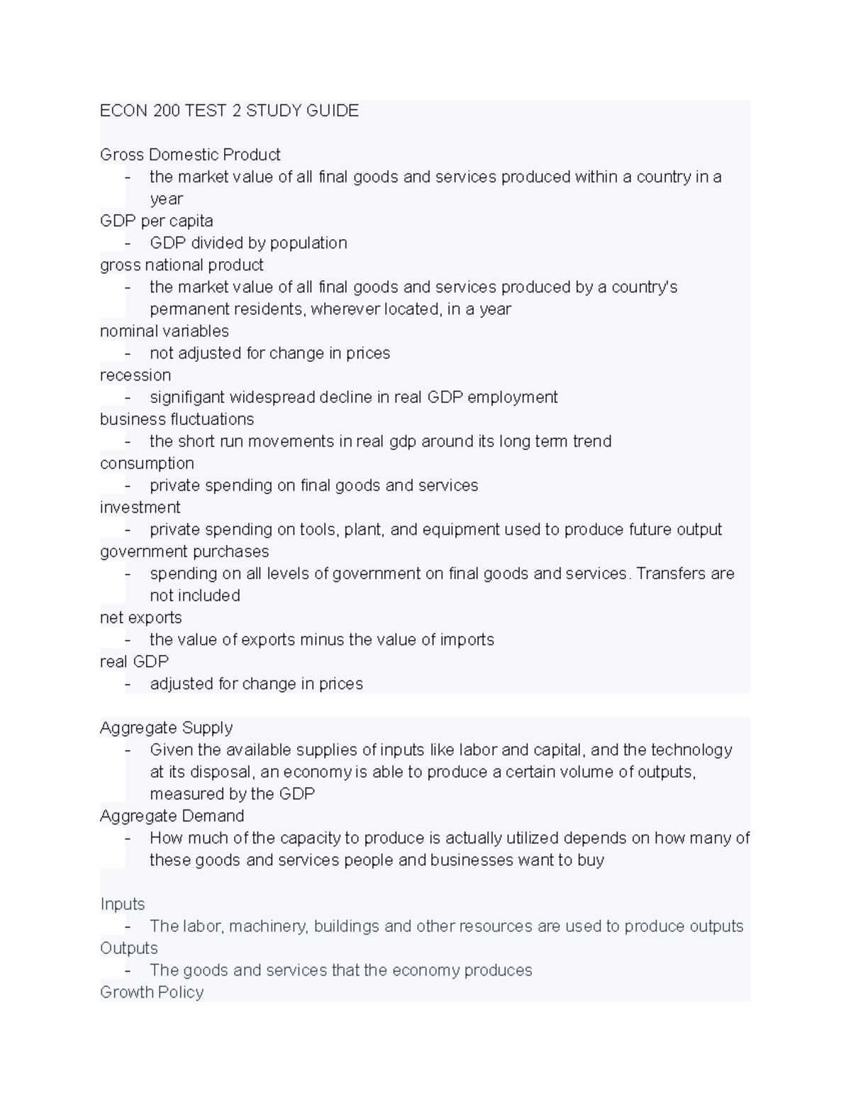 ECON 200 JMU TEST 2 Study Guide - ECON 200 TEST 2 STUDY GUIDE Gross ...