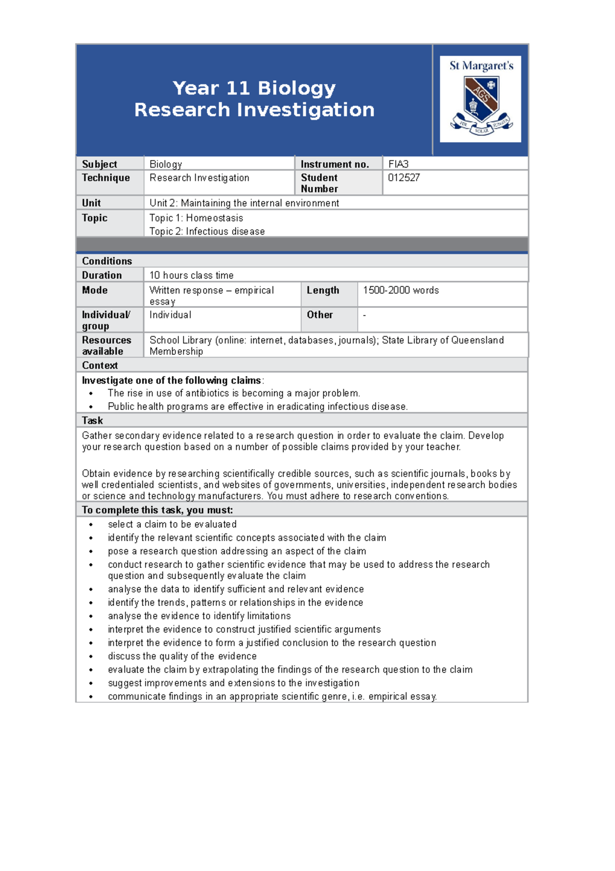 Biology task - Year 11 Biology Research Investigation Subject Biology ...