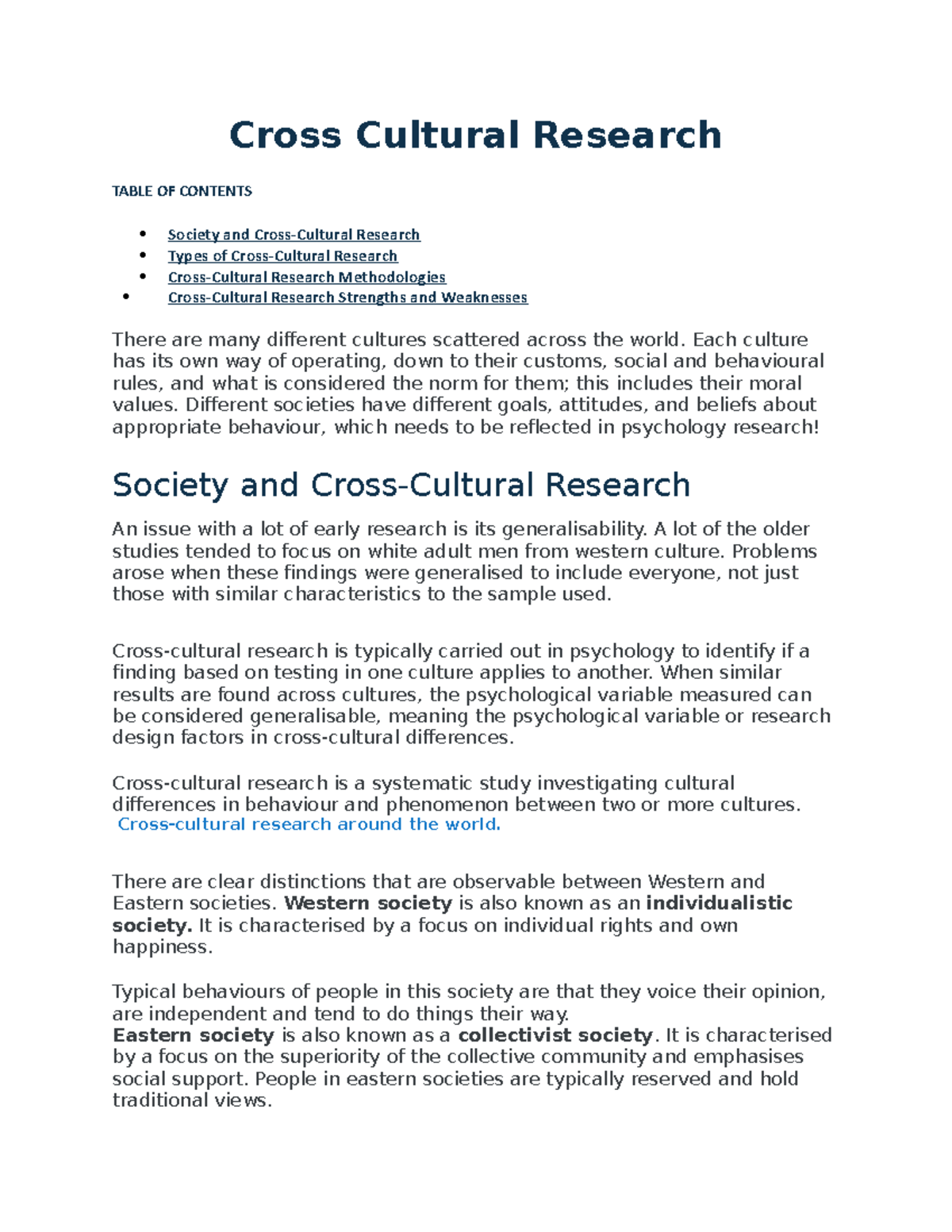 Cross cultural research - Cross Cultural Research TABLE OF CONTENTS ...