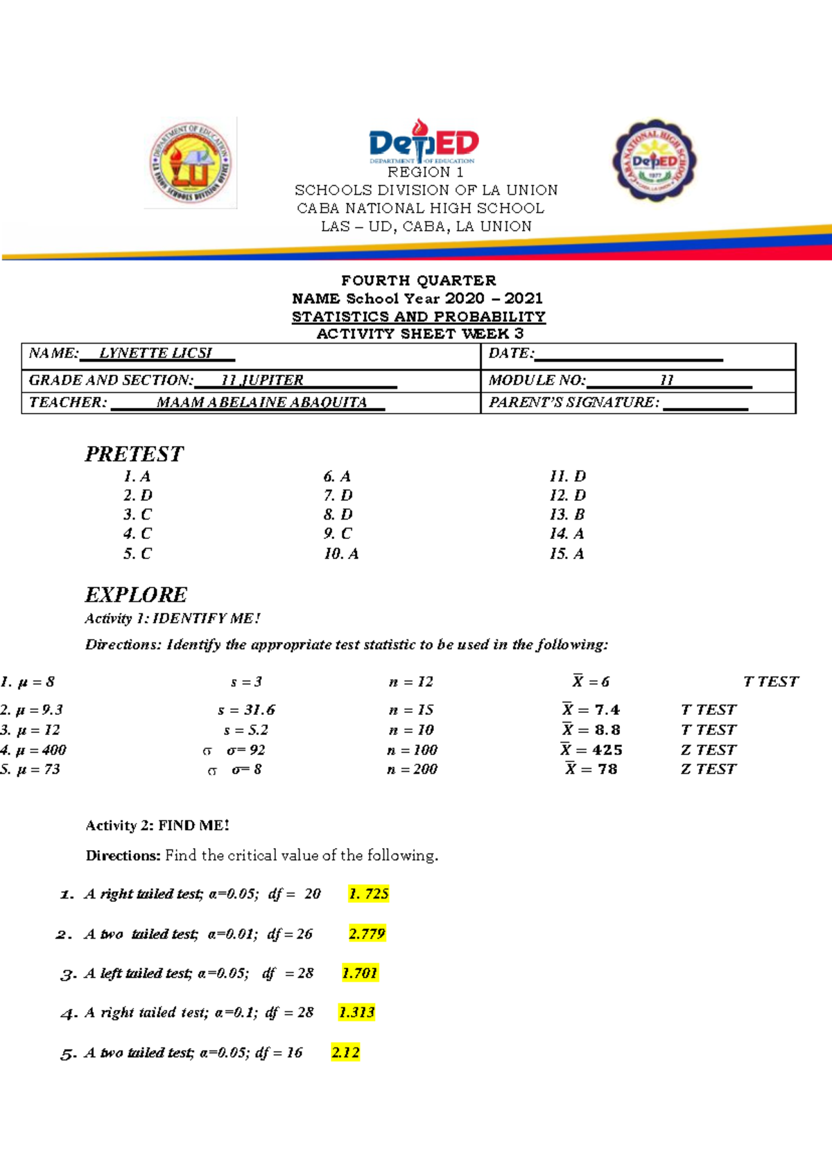 Answer- Sheet-Stat-and-Prob Q4-Week-4 Module 11-LMML - REGION 1 SCHOOLS ...