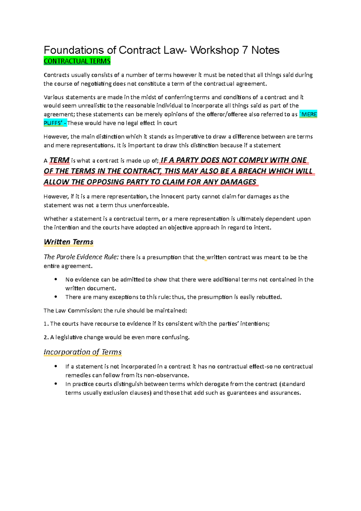 Contract 7 - Foundations of Contract Law- Workshop 7 Notes CONTRACTUAL ...