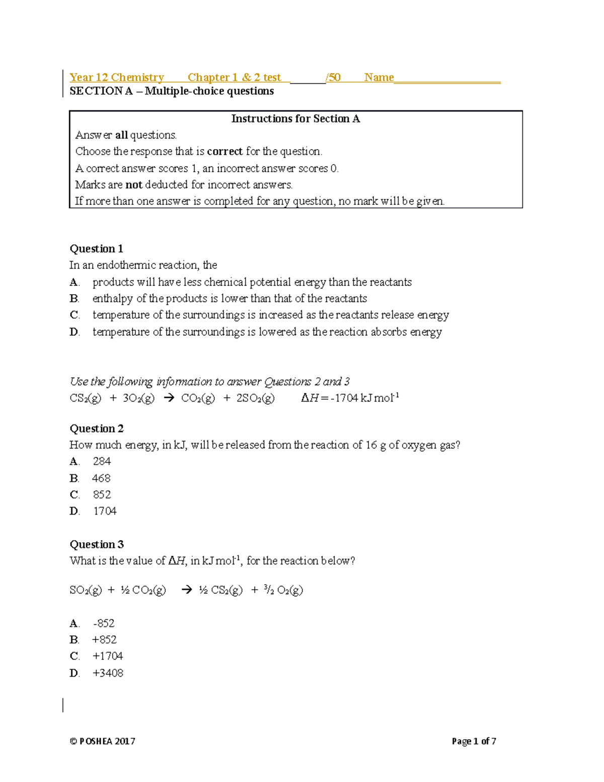 Combustion test unit 3 chem chp 1 2 - Year 12 Chemistry Chapter 1 & 2 ...