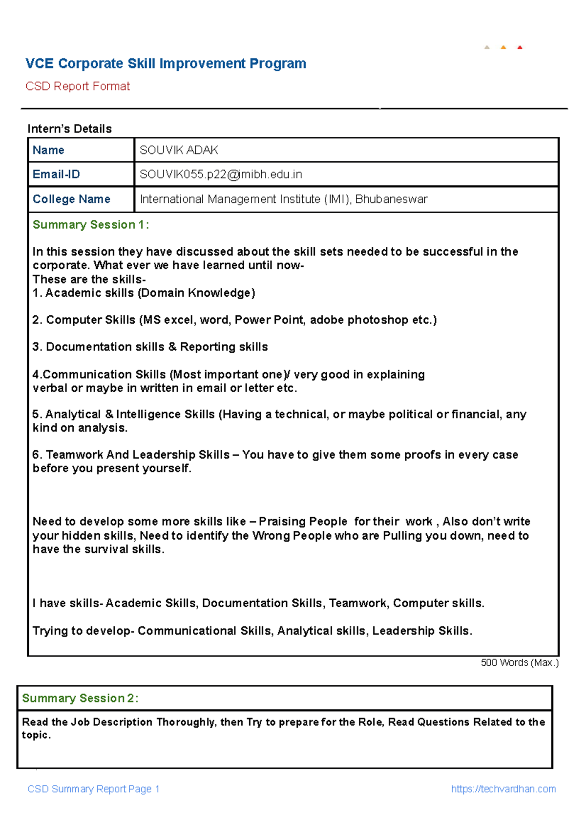 CSD Task Completed - VCE Corporate Skill Improvement Program CSD Report ...