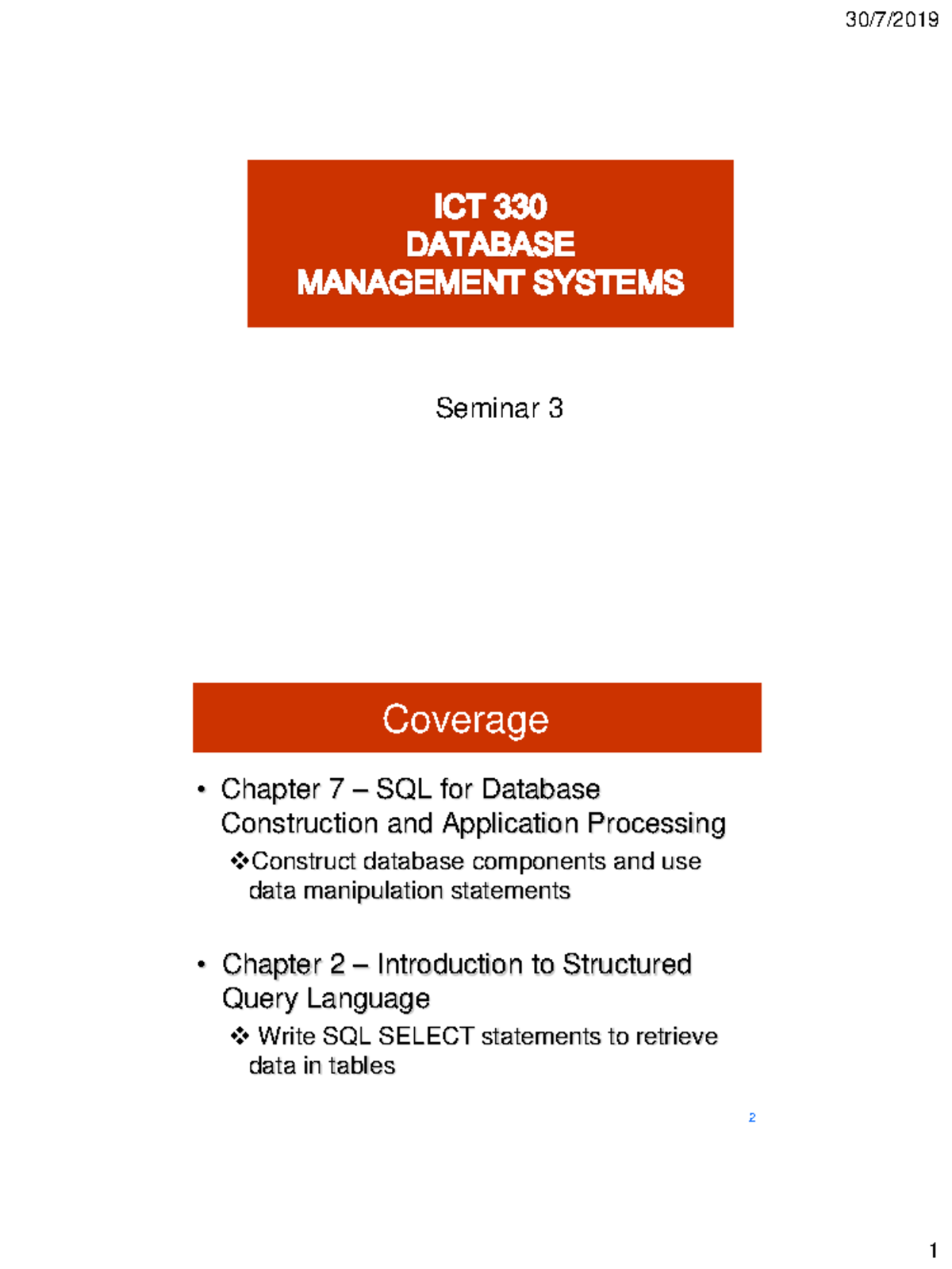 ICT 330 seminar 3 year 2020 - Seminar 3 Coverage Chapter 7 – SQL for ...