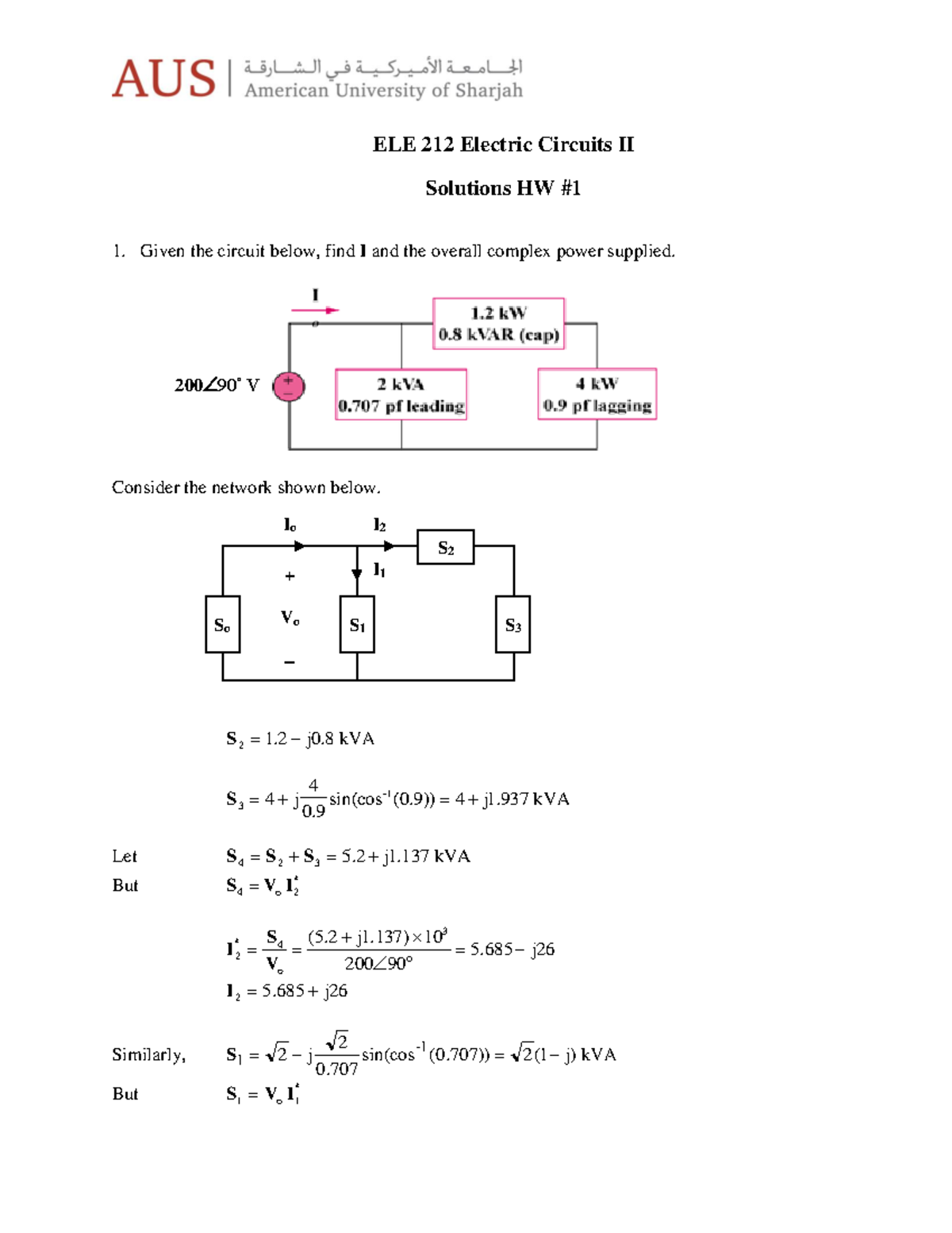 Solutions HW#1 - dsafds - ELE 212 Electric Circuits II Solutions HW ...