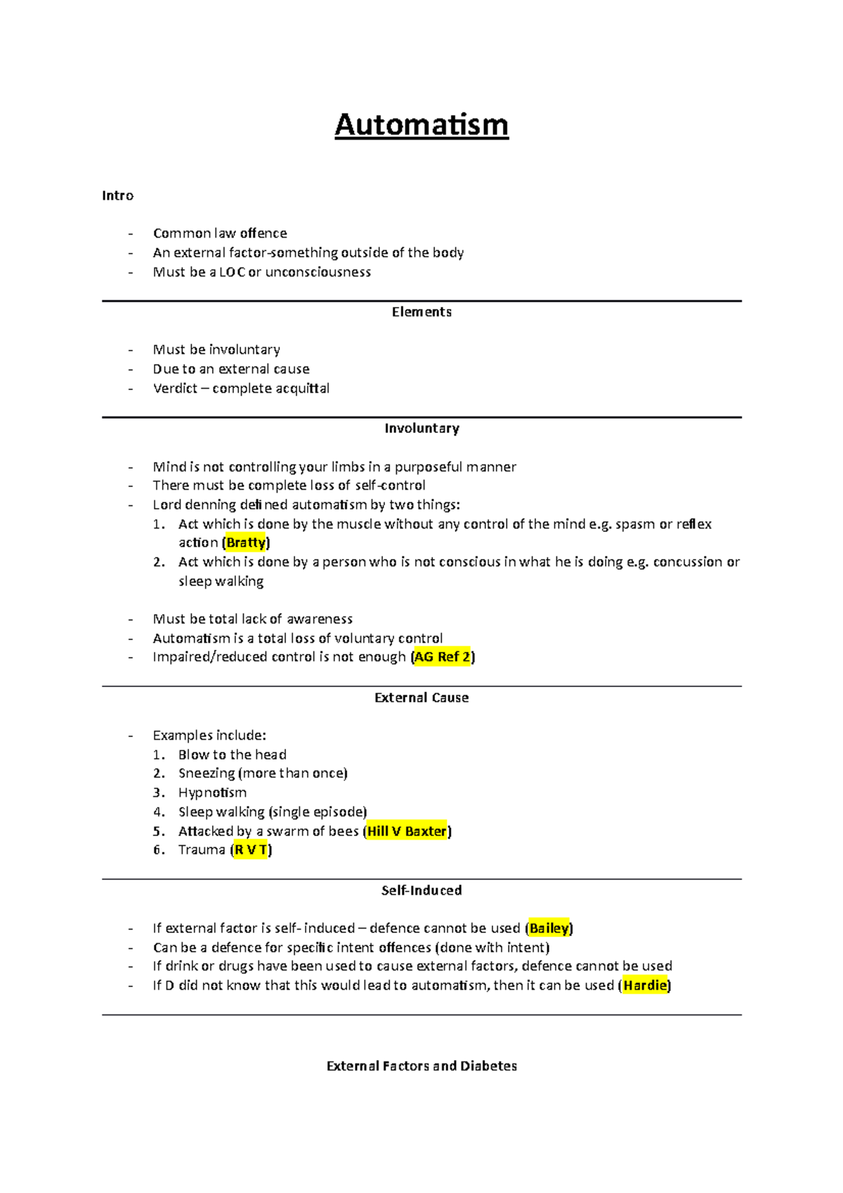 Automatism - Lecture notes 1 - Automatism Intro - Common law offence An ...