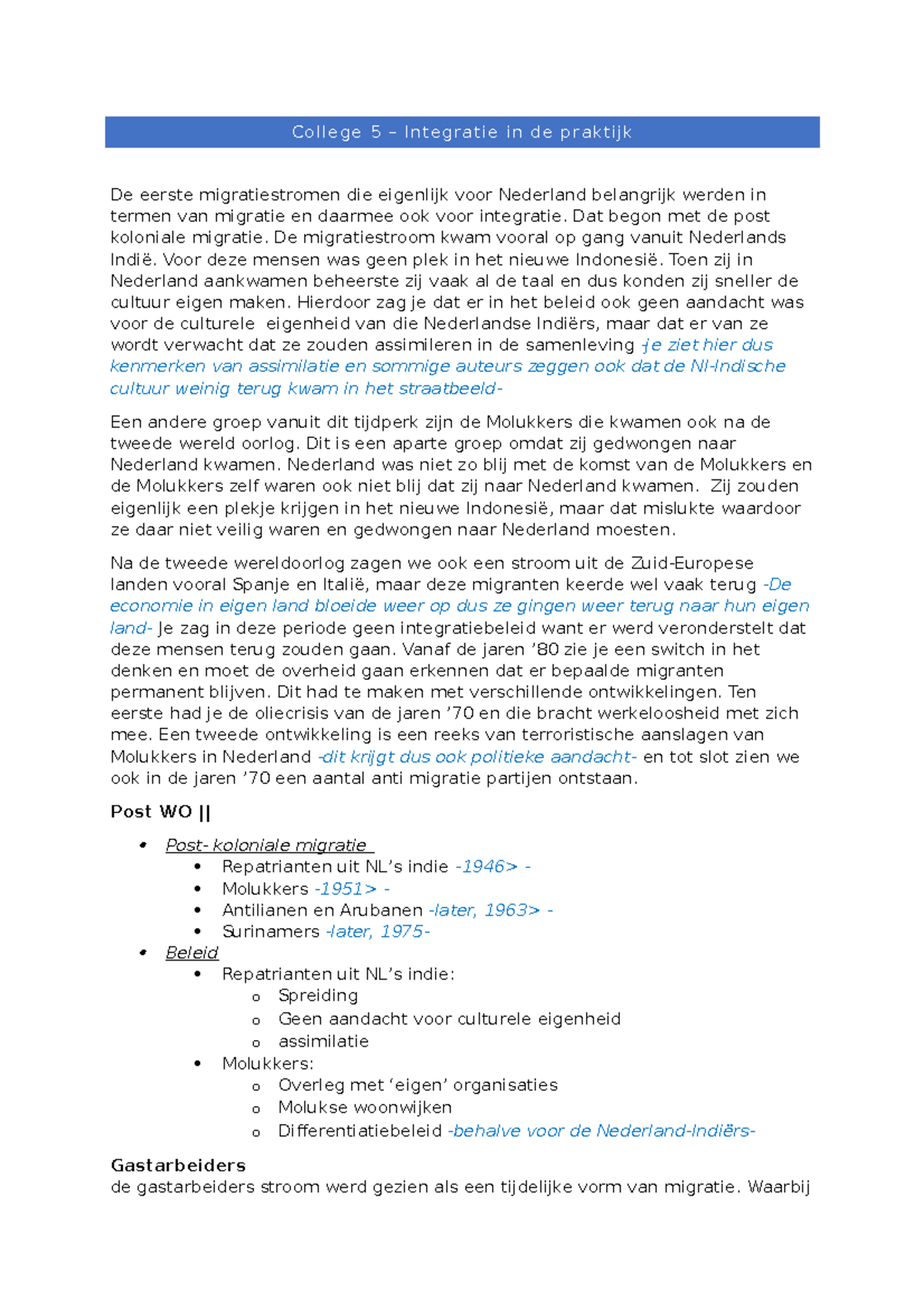 College 5 - Migratie en Diversiteit: governance in de multicuturele samenleving - EUR - Studeersnel