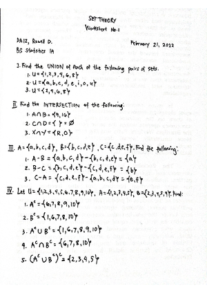 Daiz R BSStat 1A Set Theory Worksheet 2 - Studocu