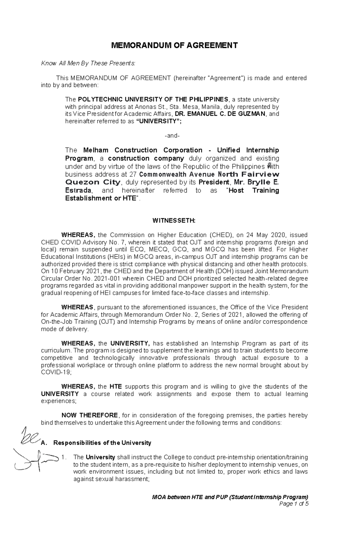 Signed Bosquevincentp OJT MOA PUP - MOA between HTE and PUP (Student ...