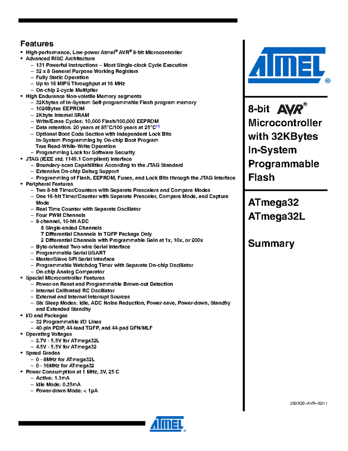 Atmega datasheet summary - Features • High-performance, Low-power Atmel® AVR® 8-bit ...