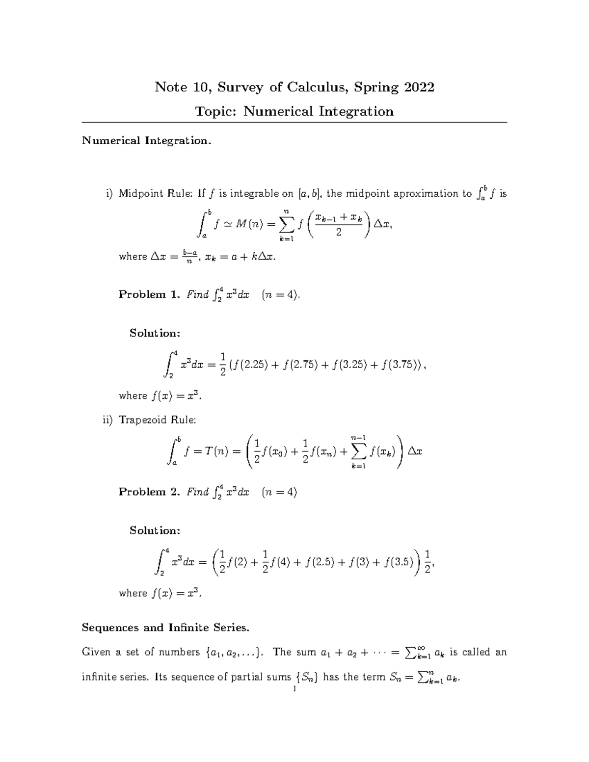 Note10 - Numerical Integration - Note 10, Survey of Calculus, Spring ...