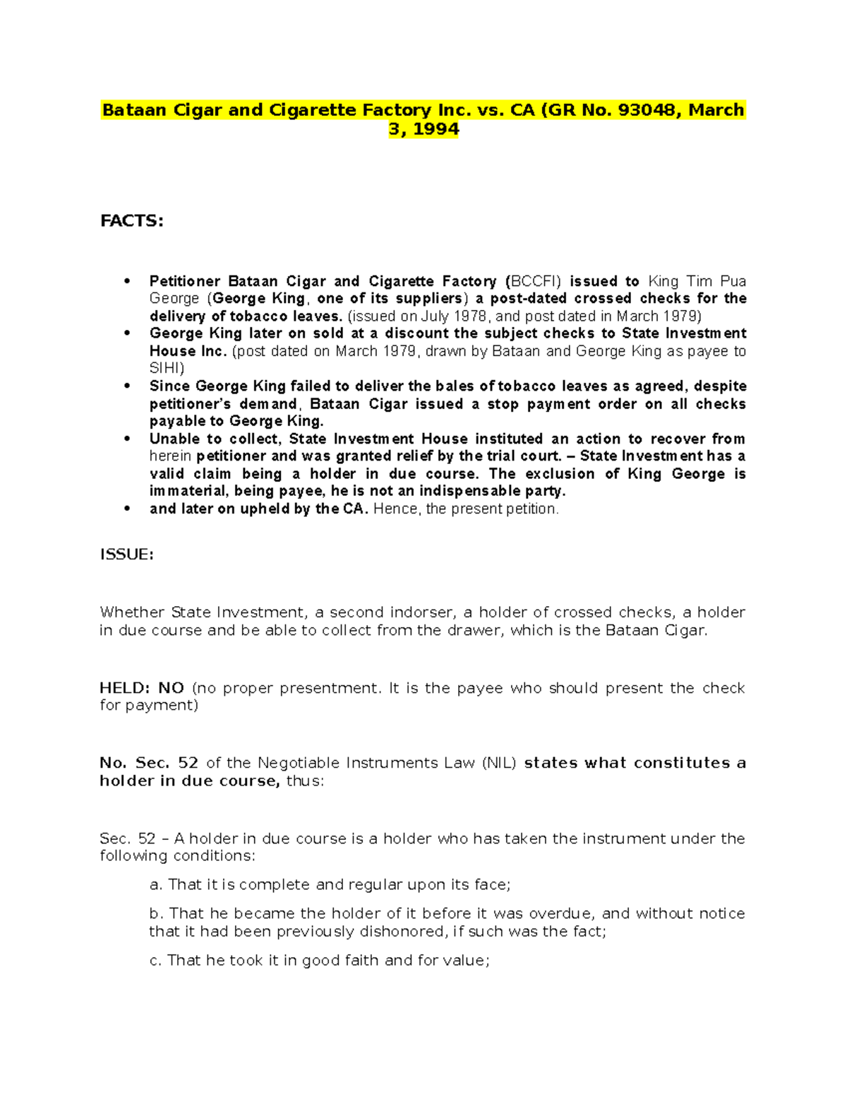 Bataan Cigar and Cigarette Factory Inc vs. CA - vs. CA (GR No. 93048 ...
