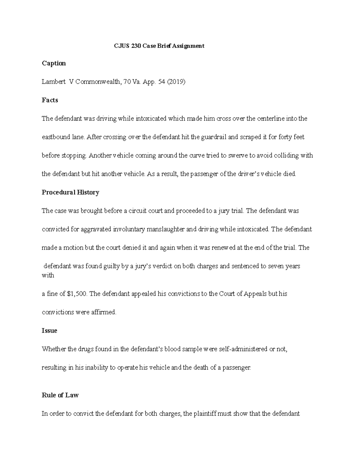 Case Brief Assignment - CJUS 230 Case Brief Assignment Caption Lambert ...