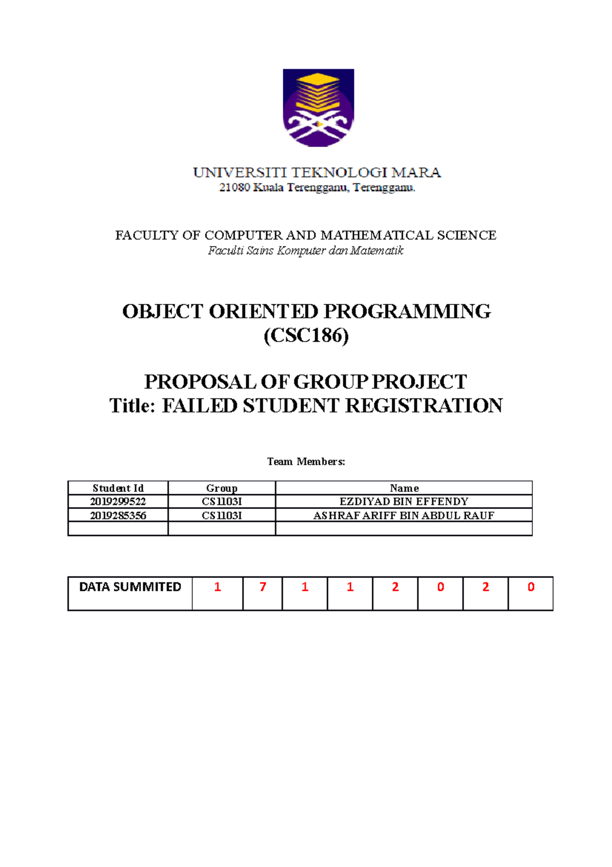 CSC186 Proposal Project - FACULTY OF COMPUTER AND MATHEMATICAL SCIENCE Faculti Sains Komputer ...