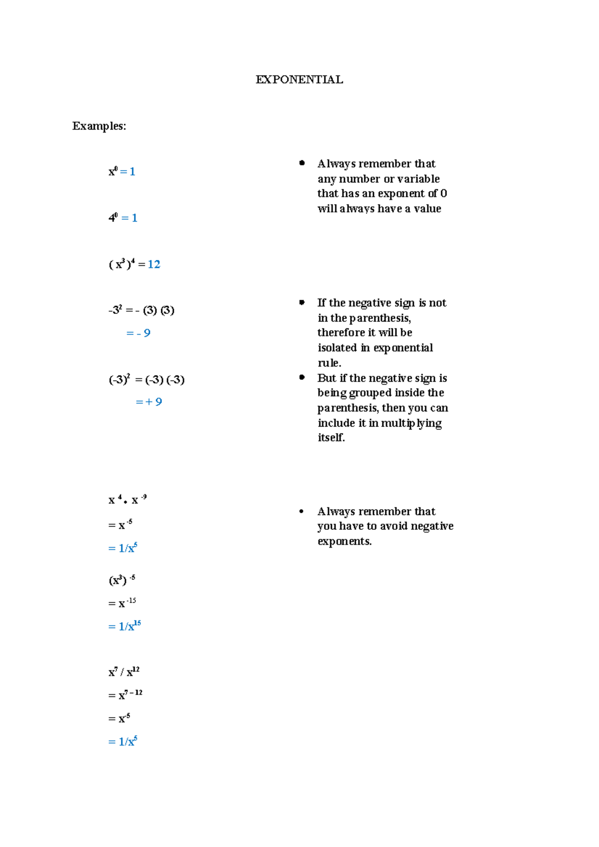 Exponential - Just my random notes - EXPONENTIAL Examples: x 0 = 1 40 ...