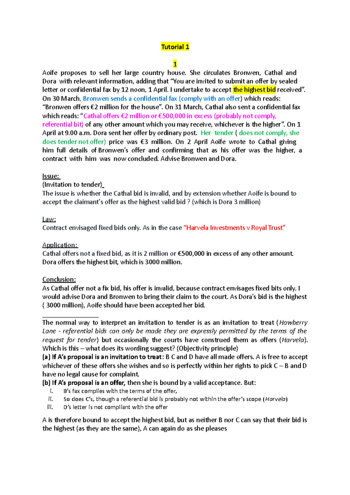 Contract Law Tutorials (1) - revised - Tutorial 1 1 Aoife proposes to sell her large country ...