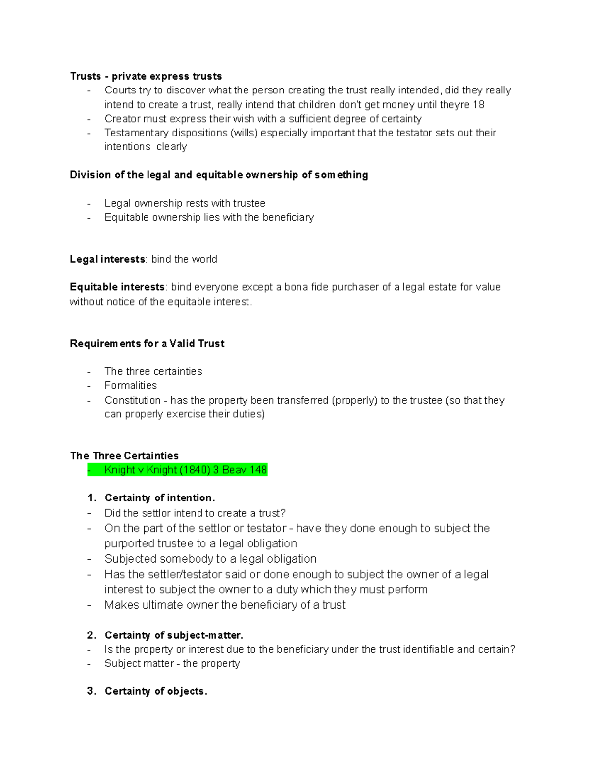 L3+4 The Three Certainties - Intention - Trusts - private express trusts - Courts try to ...