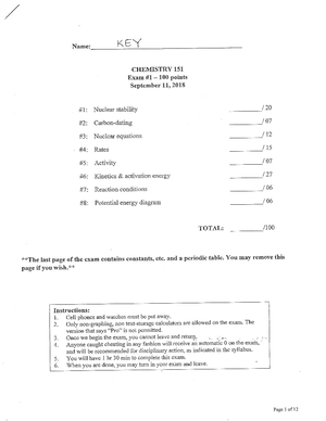 CHEM 151 Quiz #4 KEY - Answer Key - CHEM 151 - Studocu