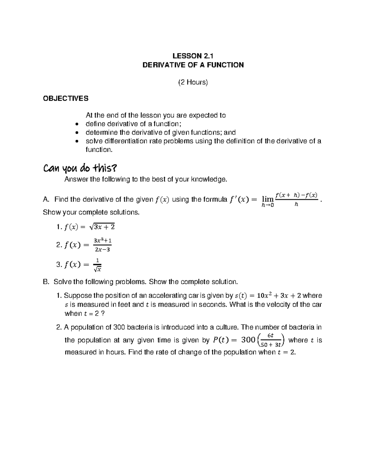 COE 102 Derivative OF A Function Lesson 2 - LESSON 2. DERIVATIVE OF A ...