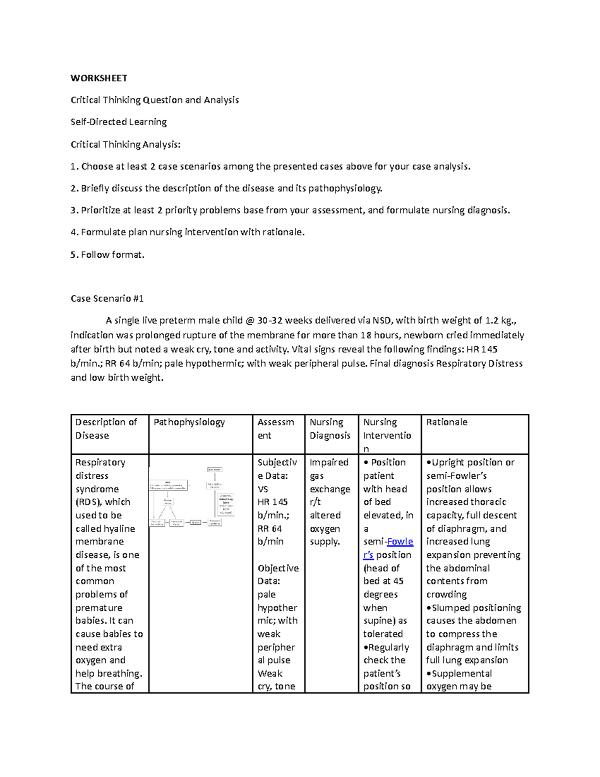 Critical Thinking Question and Analysis-Nursing - WORKSHEET Critical ...