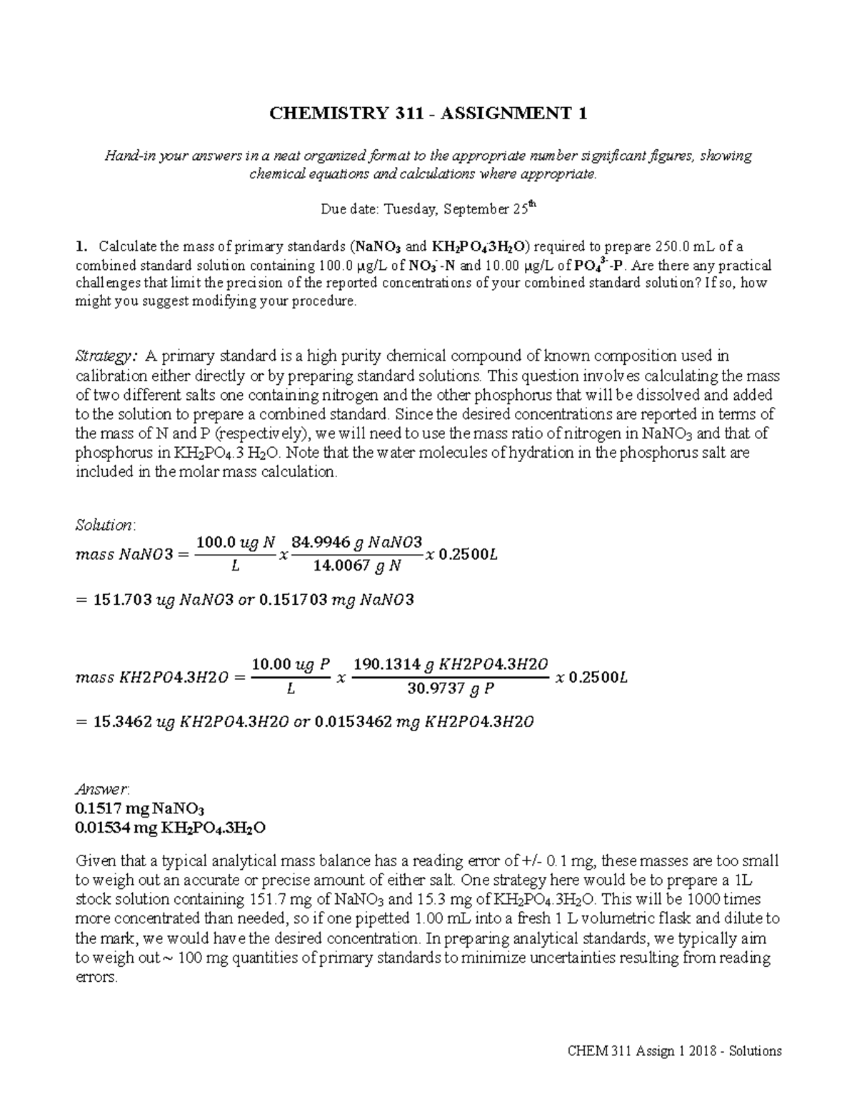 Assign 1 2018 solutions - CHEMISTRY 311 - ASSIGNMENT 1 Hand-in your ...