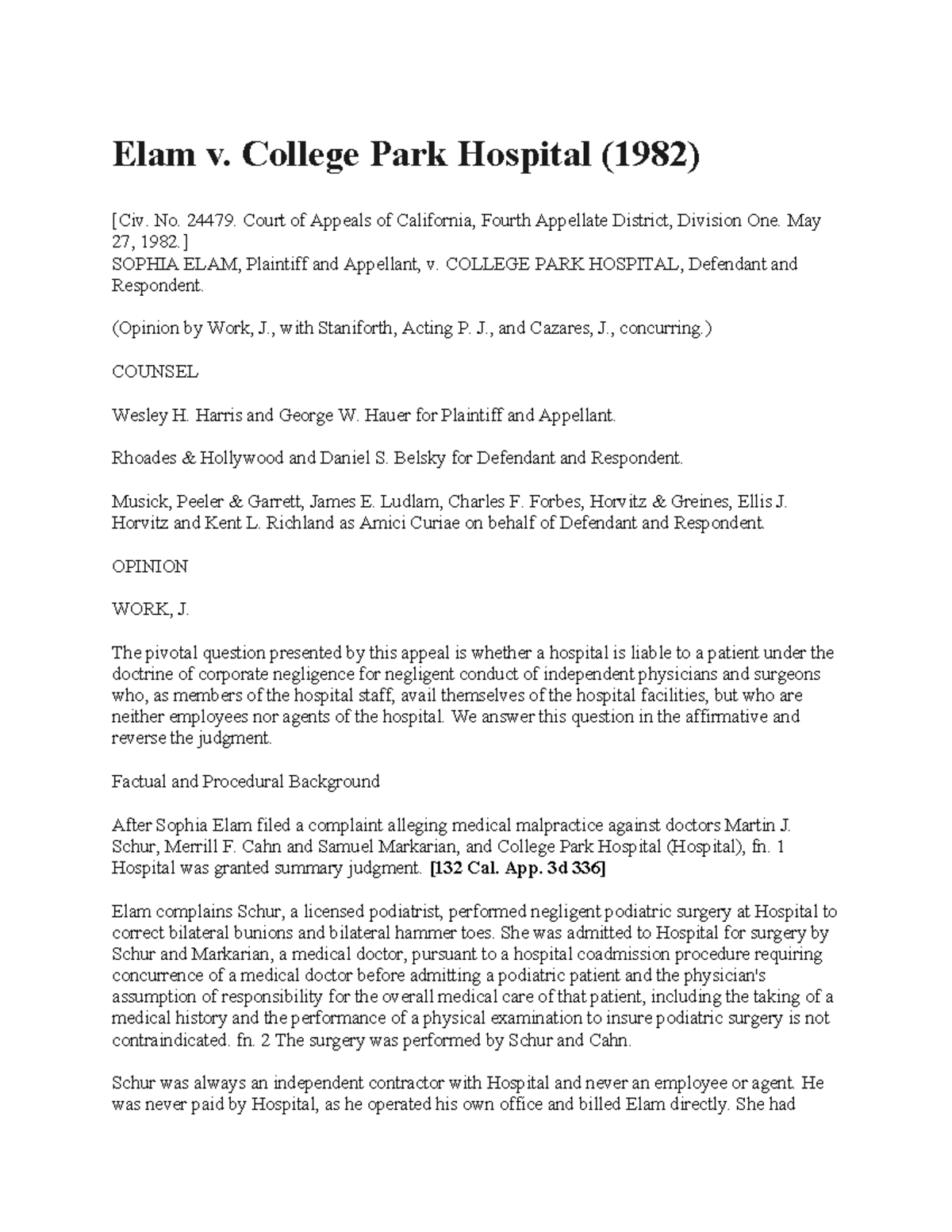 CASE Digest - I just want to read the document - Elam v. College Park ...