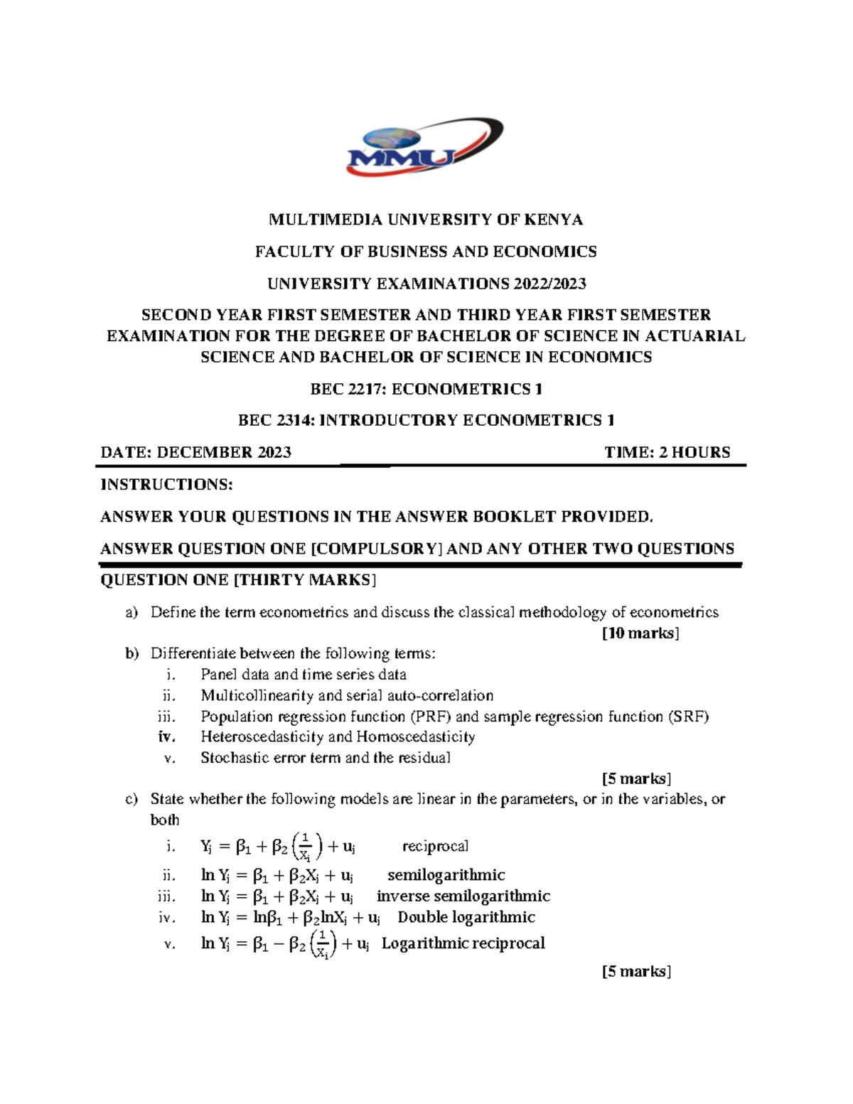 Econometrics EXAM 2022 - MULTIMEDIA UNIVERSITY OF KENYA FACULTY OF ...