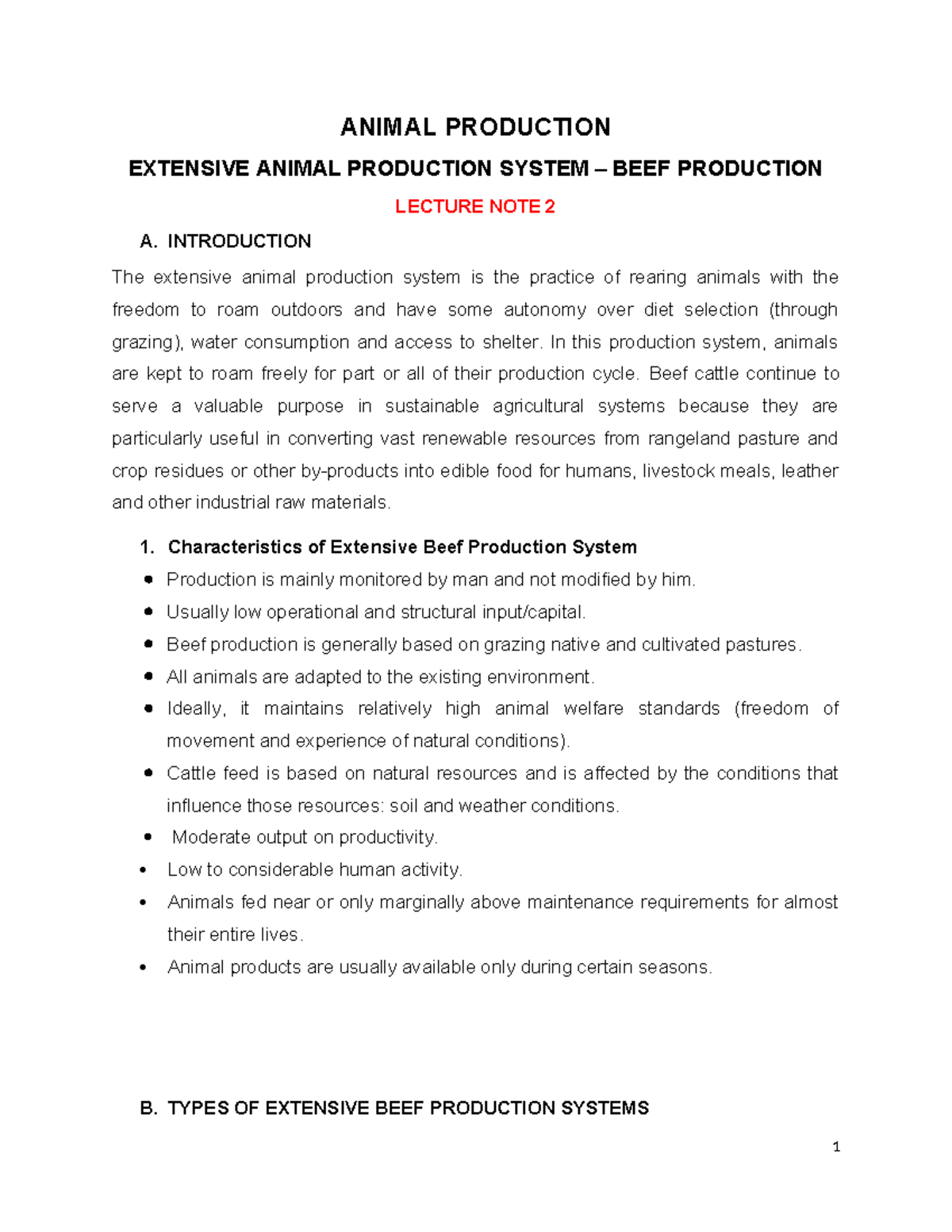 Lecture 2 Beef Production(1) - ANIMAL PRODUCTION EXTENSIVE ANIMAL ...