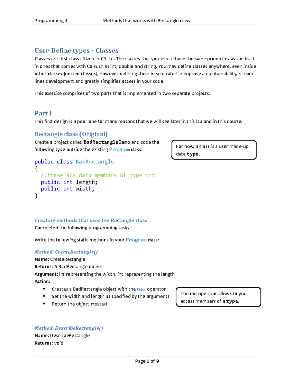 Week 01 lab 01 Rectangle-Solution - User-Define types – Classes Classes are first-class citizen ...