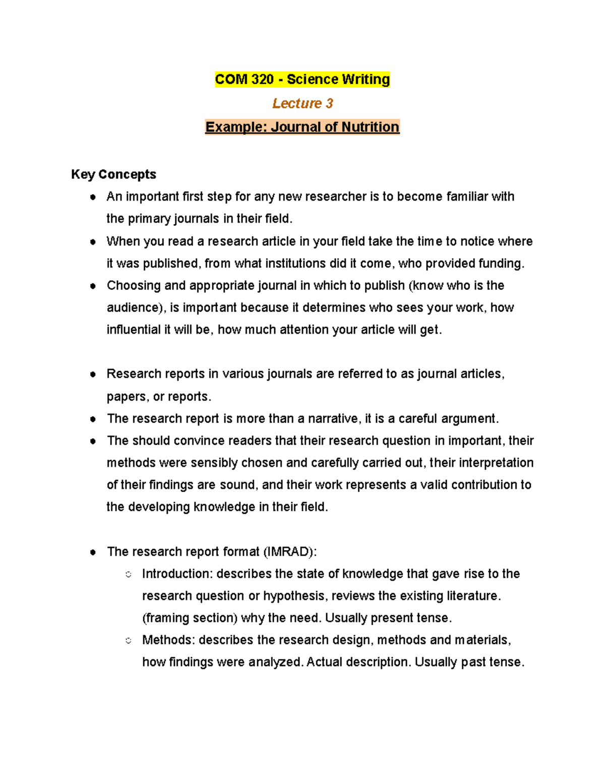 COM 320 Lecture 3 -Spring 2020 - COM 320 - Science Writing Lecture 3 ...