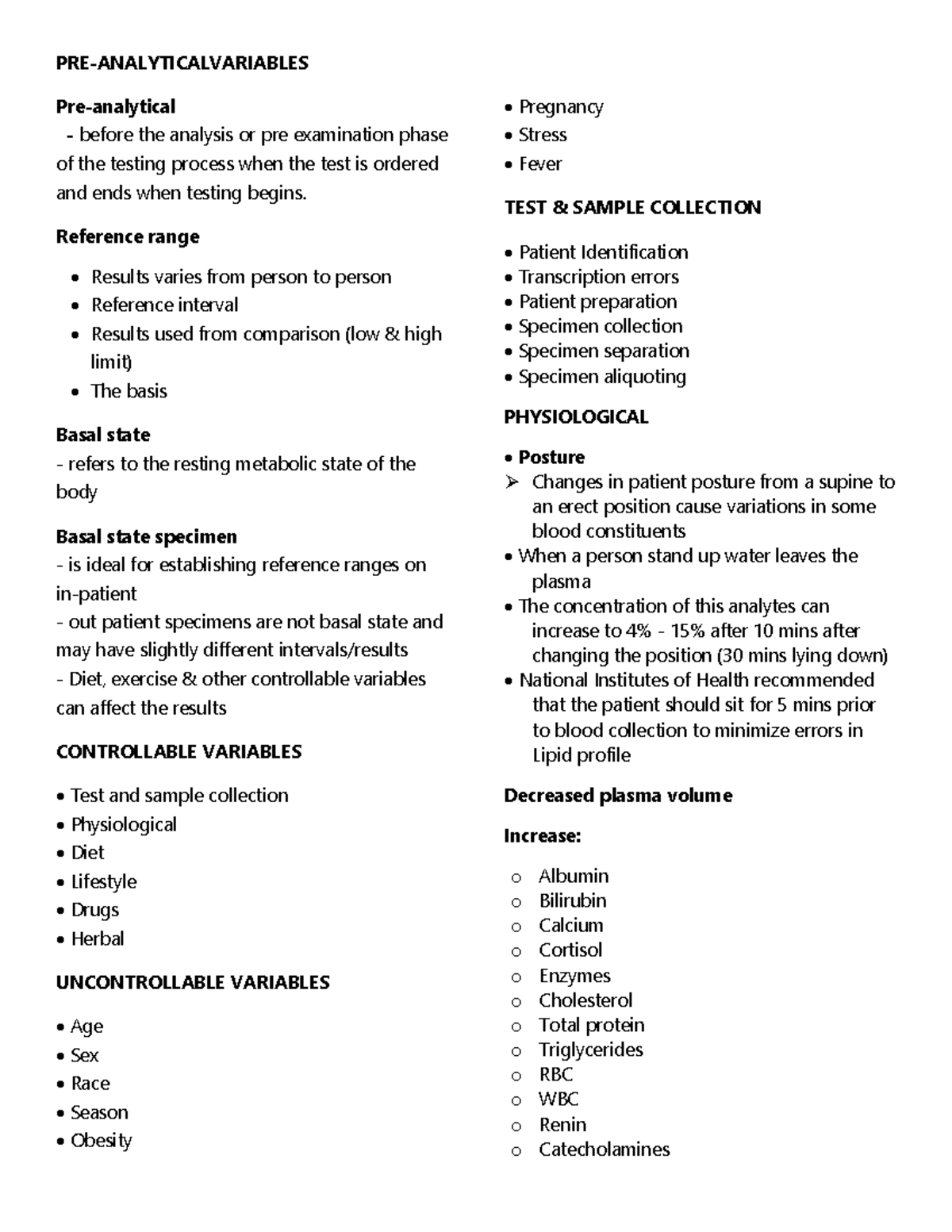 PMLS Lec Pre analytical Variables - PRE-ANALYTICALVARIABLES Pre ...