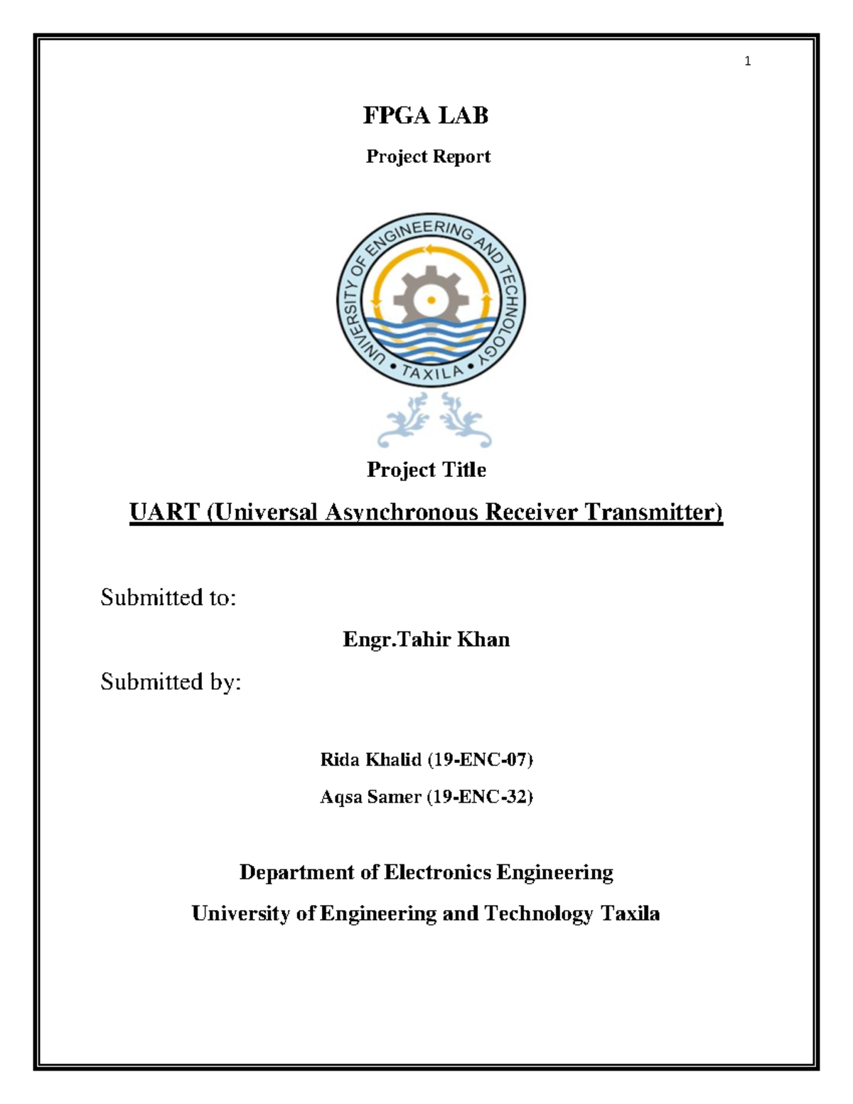 UART Report 1 - implementation - FPGA LAB Project Report Project Title UART (Universal ...