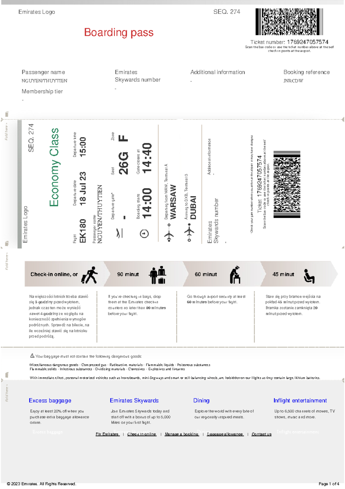 Emirates Online Checkin - Boarding pass Your baggage must not contain ...