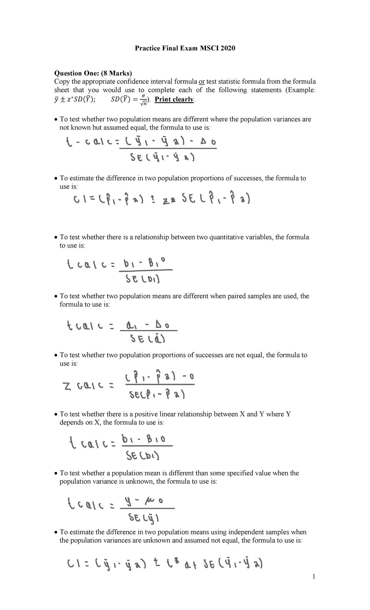 Practice Final - Formulas - 1 Practice Final Exam MSCI 2020 Question ...