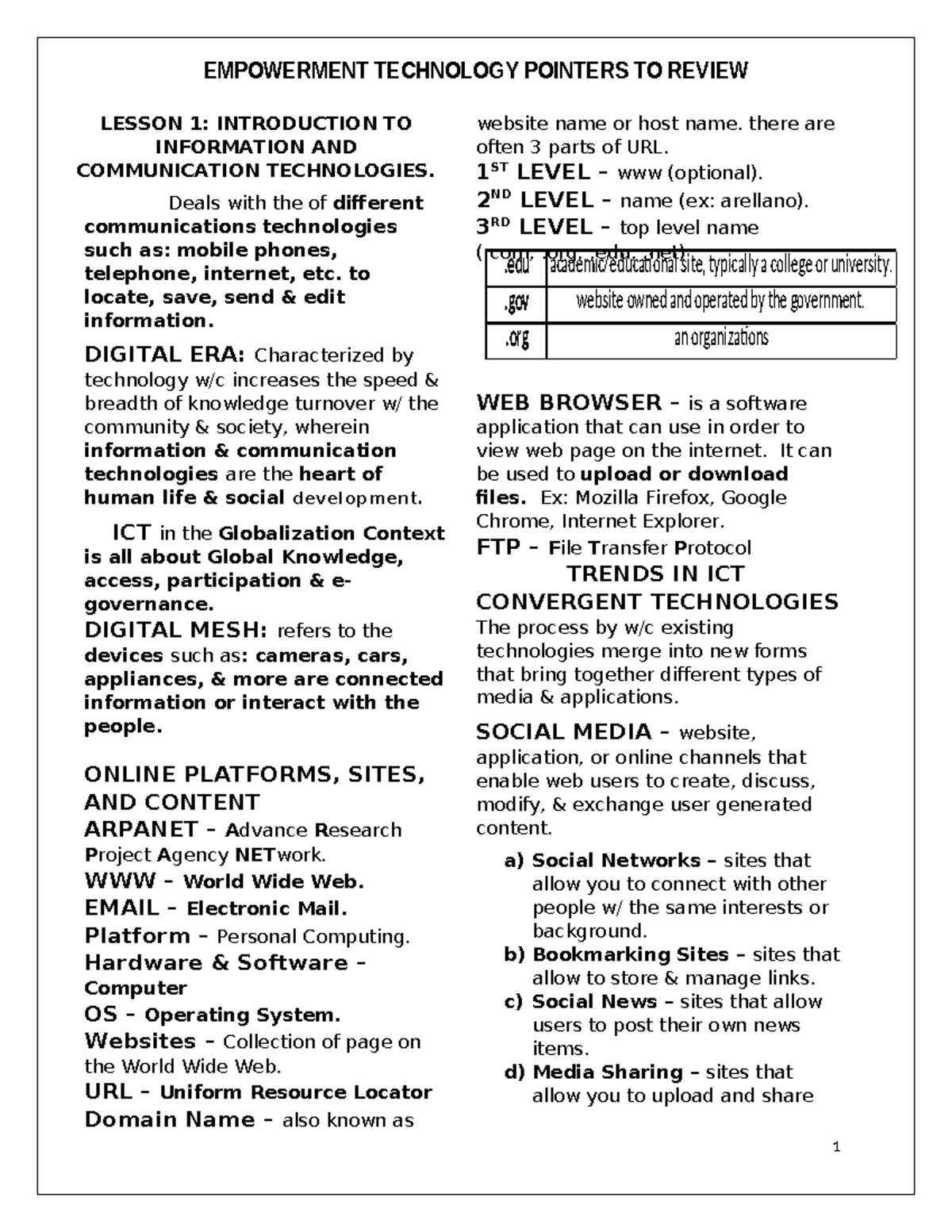 EMP TECH Pointers TO Review Achievers - LESSON 1: INTRODUCTION TO INFORMATION AND COMMUNICATION ...