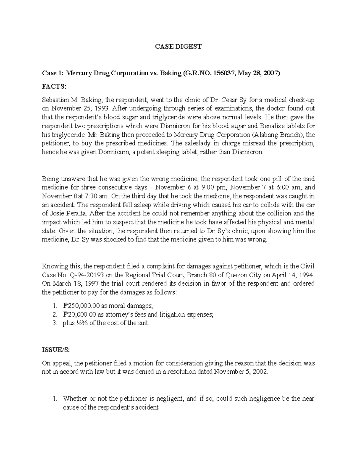 Case Digest 1 - CASE DIGEST Case 1: Mercury Drug Corporation vs. Baking ...