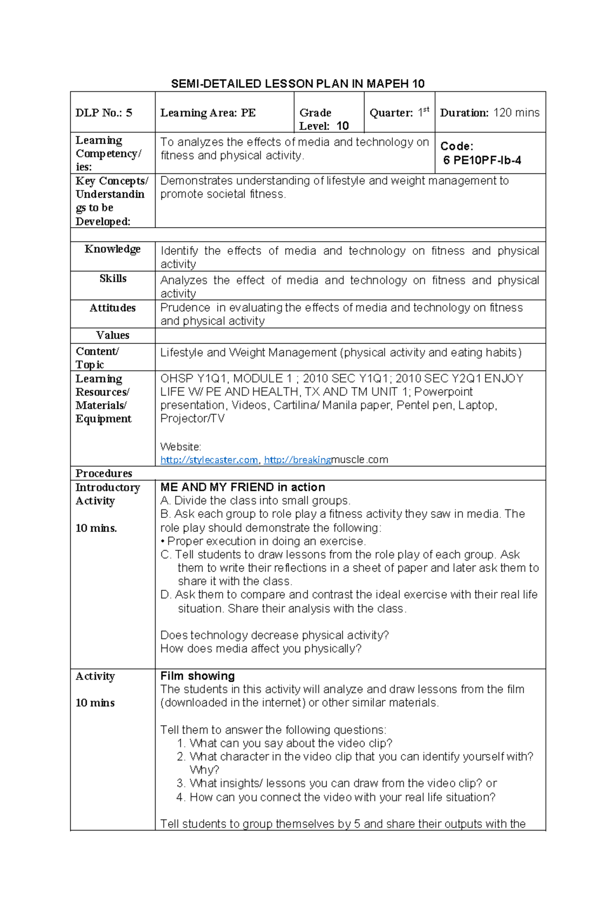 Physical Education - SEMI-DETAILED LESSON PLAN IN MAPEH 10 DLP No.: 5 ...