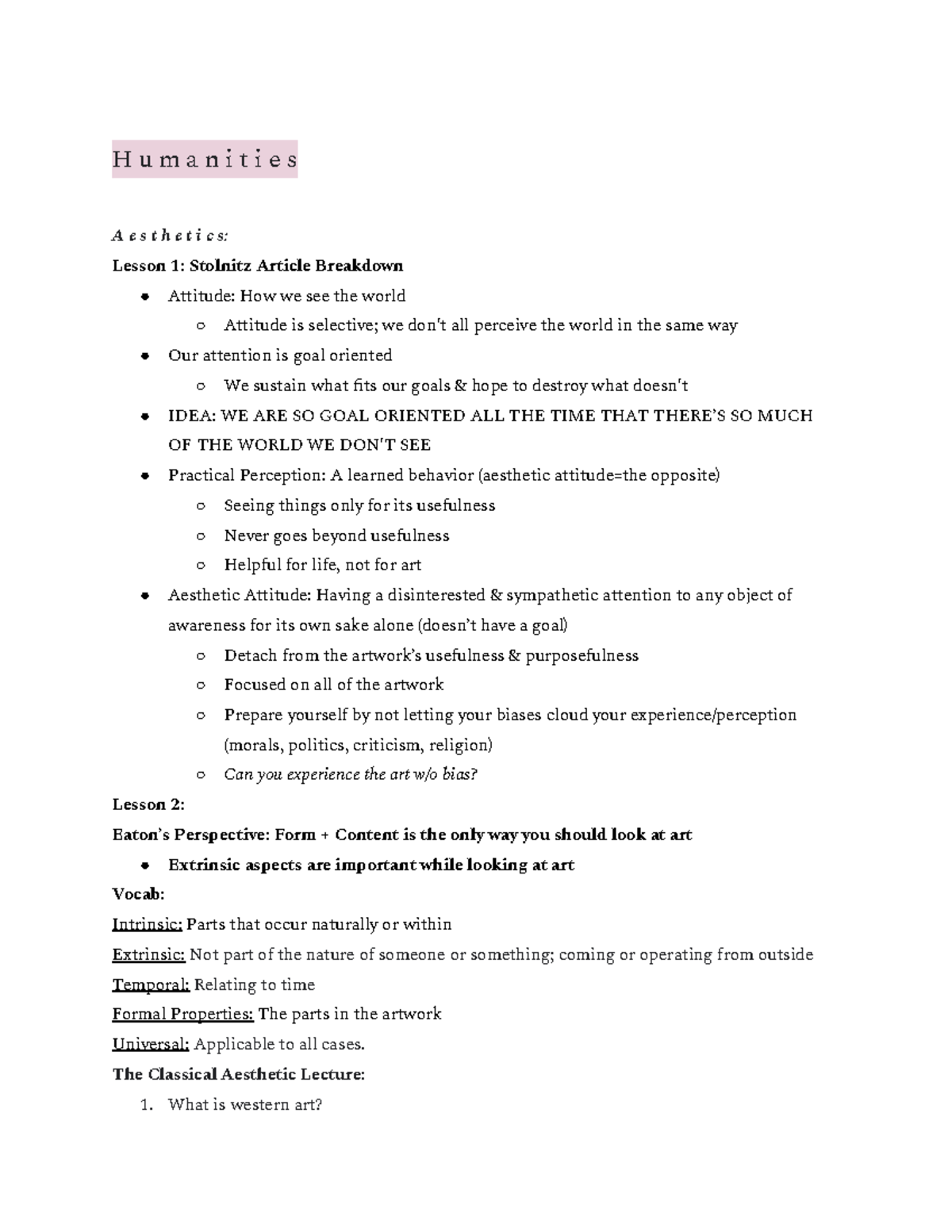 Hum 4 notes sullivan - H u m a n i t i e s A e s t h e t i c s: Lesson ...