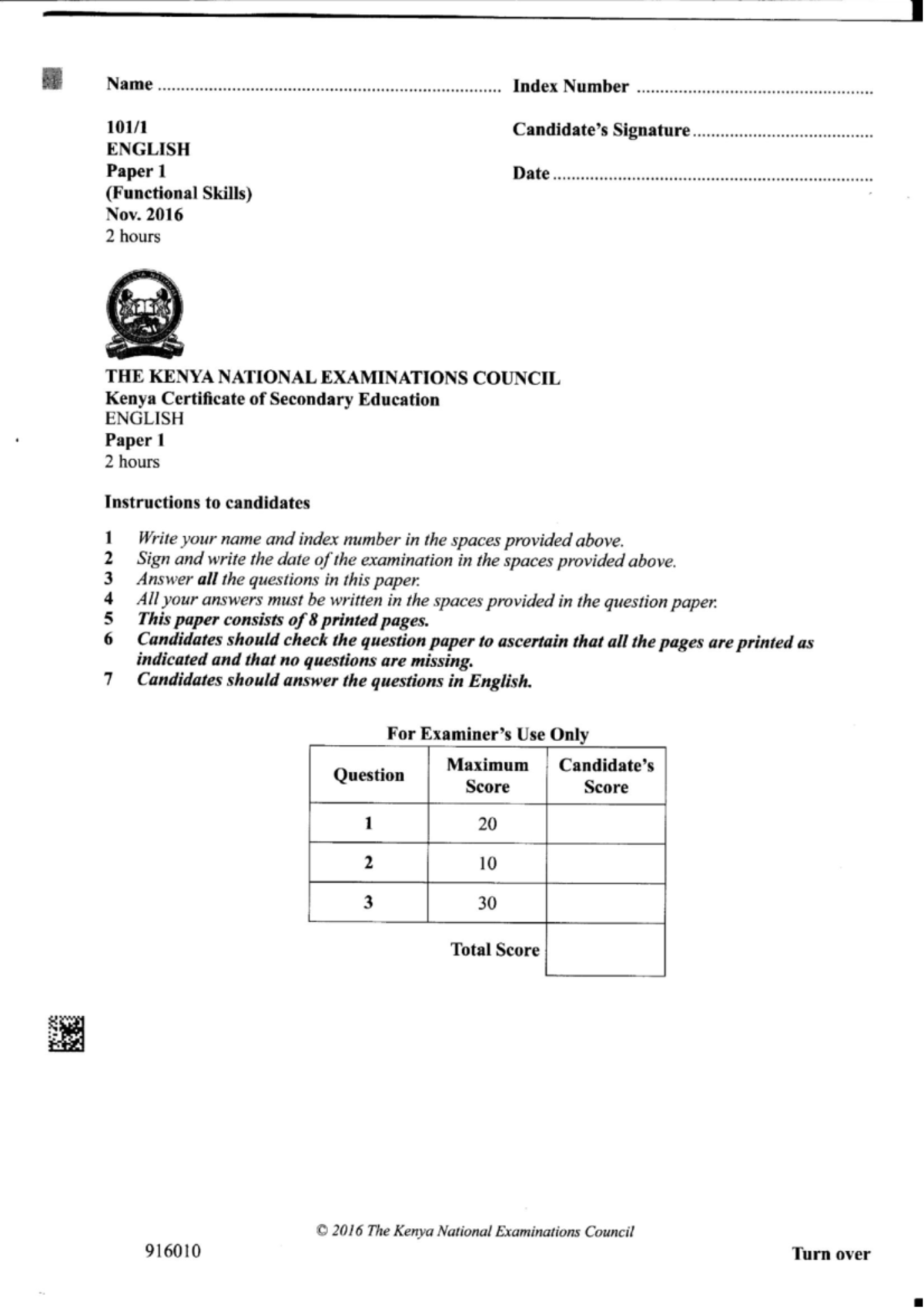 2016-KCSE- English-PP1 - engineering - Studocu